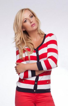 Passioni Strickjacke in Rot-Wei&szlig; mit Marineblauem Besatz