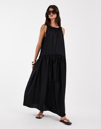& Other Stories robe trap&egrave;ze longue en coton pur &agrave; taille basse en noir-Marron