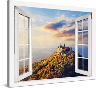 Picanova Premium Leinwanddruck - Leinwandbild Burg Hohenzollern im Fenster 100x75cm - Kunstdruck Auf 2cm Holz-Keilrahmen Für Schlaf- Und Wohnzimmer - Kollektio