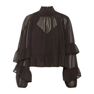 Gestuz Elegante Mesh-Bluse mit R&uuml;schen - - Blouses & Shirts - Damen - Braun - L