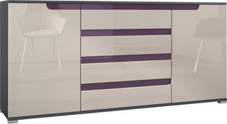 Vladon Sideboard Sylt V2, Kommode mit 2 T&uuml;ren und 4 Schubladen, Korpus - Anthrazit matt/Front - Sandgrau Hochglanz/Absetzung - Brombeer Hochglanz (166,5 x 75