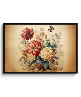 MuchoWow &copy; Bilder mit Rahmen 120x80 cm Poster Wanddekoration Wohnzimmer Deko Modern Geschenke Bilderrahmen Vintage - Blumen - Schmetterling - Natur - Beige - F