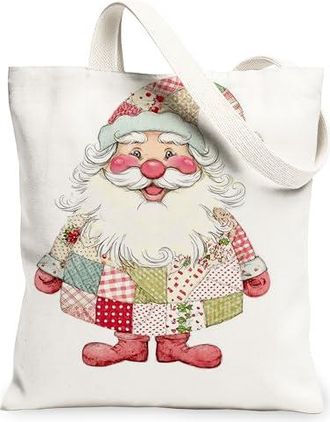 Generic Sacs fourre-tout en toile de P&egrave;re No&euml;l vintage patchwork r&eacute;utilisables sacs d&eacute;picerie dhiver l&eacute;gers lavables bandouli&egrave;re pour H, blanc, 13x15 Inch