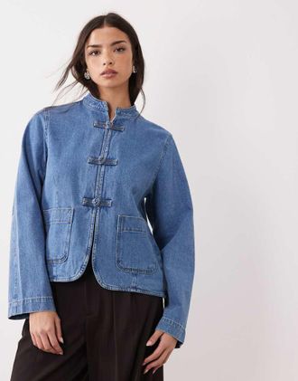 Asos Veste en jean oversize &agrave; col mao - Indigo-Bleu