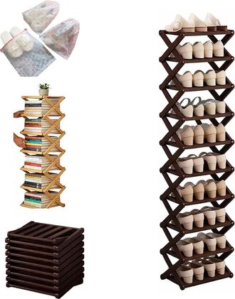 Generic 9-St&ouml;ckiges Bambusregal, 9-St&ouml;ckiges Bambusregal Ohne Montage, Faltbarer Platzsparender Schuhorganizer, Vertikale Schlanke Schuhaufbewahrung Mit 2-10 