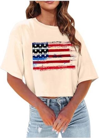 Generic Haut court patriotique mignon pour femme 2025 d&eacute;contract&eacute; entra&icirc;nement &eacute;t&eacute; t-shirts courts tendance &agrave; manches courtes demi-chemises coupe ample pour s