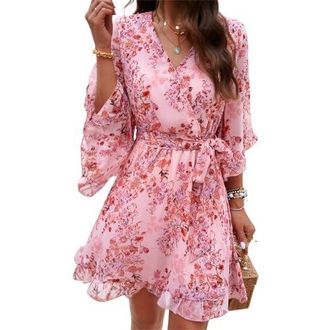 Generic Robe trap&egrave;ze &eacute;l&eacute;gante &agrave; col en V pour femme, manches courtes, motif floral, col en V, robe midi d&eacute;t&eacute;, rose, XL