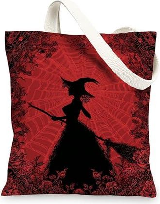 Generic Sacs fourre-tout gothiques en toile, motif silhouette de sorcière, sacs dépicerie réutilisables, vintage floral, léger et lavable avec bandoulière, Ro