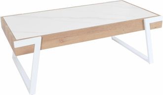 Hhg Couchtisch MWC-L89, Sofatisch Wohnzimmertisch, Eisen 43x120x64cm Sinterstein Marmor-Optik weiß Holz natur