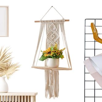 Generic Wandregal f&uuml;r Pflanzen, Wandregal aus Holz mit geflochtenem Baumwollseil, handgefertigt, b&ouml;hmisches Aufbewahrungsregal, Dekoration, integrale Anwendun