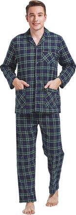 Global Herren Schlafanzug Flanell Herren Pyjama Set Lang Baumwolle Herren Zweiteilige Nachtwäsche Loungewear Schlafanzughose Lang Gummizug und Kordelzug Blau