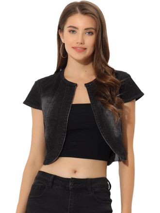 Allegra K Damen Kurz Jeansjacke Bolero Kurzarm Fl&uuml;gel&auml;rmeln Elegant Crop Denim Jacke Schwarz M