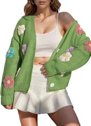 Generic Cardigans en tricot c&ocirc;tel&eacute; pour femmes broderie esth&eacute;tique jolies fleurs appliques pull boutonn&eacute; manteau (Vert,Grand)