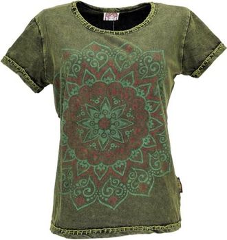 Guru Shop T-shirt imprimé mandala délavé pour femme en coton, vert, 40