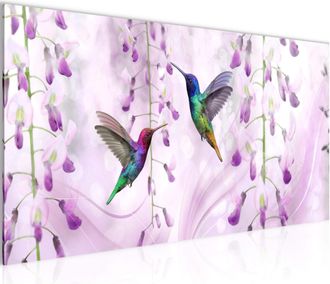 Runa Art Wandbild Blumen Vogel 1 Teilig 100 x 40 cm Modern Bild auf Vlies Leinwand Kolibri Abstrakt Wohnzimmer Rosa 025412b