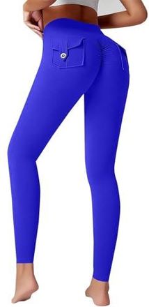 Generic Legging avec effet lifting des fesses pour femme, leggings cargo, pantalon dentra&icirc;nement et de course taille haute avec poches lat&eacute;rales, noir, bleu f