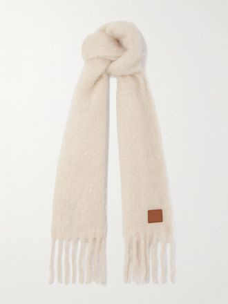 Loewe Écharpe En Mohair Mélangé Brossé À Finitions En Cuir Et À Franges - Blanc cassé
