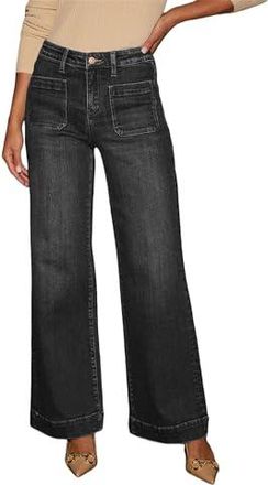 Generic Jean large pour femme, taille haute, jambe droite, extensible, avec poches, style d&eacute;contract&eacute; et extensible, Noir, XXL