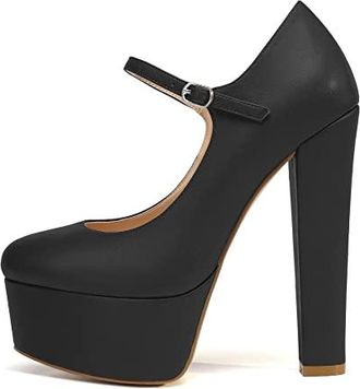 elashe Mary Jane Escarpins Femme Plateforme, 6 Escarpins Talon Bloc Sangle de Cheville, Bout Rond Escarpins Noir MatEU45