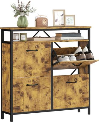 HOMCOM Schuhschrank mit 4 Klappen Schmal Schuhkipper mit Verstellbar Trennwand, offenem Fach Schuhregal f&uuml;r 12-20 Paar Schuhe Schuhaufbewahrung Schuhkommode 