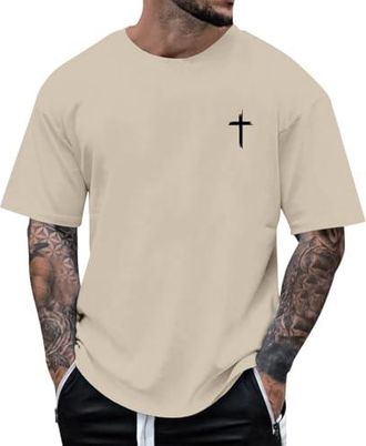 Generic Chemises chrétiennes pour homme - Imprimé croix classique - Col rond - Manches courtes - T-shirt dété ample - Pour le sport, la course à pied, la gym,