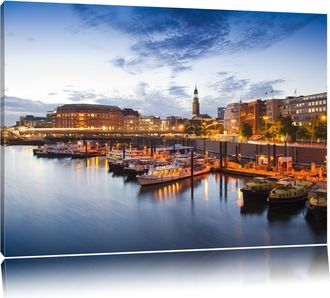 Pixxprint Dark Hamburger Hafen am Abend, Kunstdruck auf Holzrahmen, Größe: 60x40cm, Leinwandbild, fertig gespannt, Wandbild, Dekoration, Kunstdruck, kein Poster