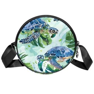 Generic Petit sac &agrave; bandouli&egrave;re rond pour femme, motif tortue tropicale, bleu tropical, avec fermeture &eacute;clair, bretelles r&eacute;glables, sac &agrave; main rond d&eacute;contract