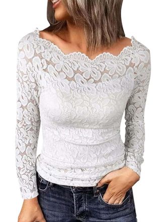 Minetom Damen Top Spitzen Schulterfrei Bluse Elegant Oberteile Basic Langarm T Shirt Lace Langarmshirt Slim Fit Pullover Spitzentop A Wei&szlig; S