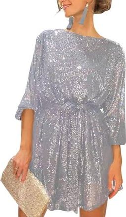 ORANDESIGNE Robe de Paillettes à Col V pour Femme de Soirée Asymétrique Épaules Nues Chic Robe-Mini Brillante Paillette Disco à Manches Longues A Argent XL