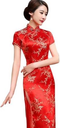 Generic Robe de soir&eacute;e traditionnelle chinoise &agrave; motif floral pour femme - Robe de demoiselle dhonneur - Bordeaux - Manches longues - &Eacute;l&eacute;gante, rouge, 3XL