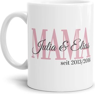 Tassendruck Tasse - Mama seit - zum selbst Gestalten mit Kindernamen und Geburtsjahren - Geschenk für die beste Mama - Keramiktasse, Weiß Glanz, 300 ml