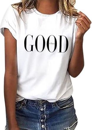 Heekpek Femme T Shirt Blanc Chic T Shirts Col Rond Haut Manches Courtes Ete T Shirt Coton Tee Shirt Imprimé pour Femmes Files, Good, XXL