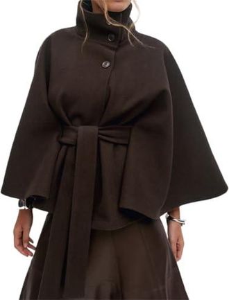 EUDOLAH Femmes Poncho &Eacute;l&eacute;gant Poncho Cape &agrave; Col Montant et Boutons pour Lautomne et Lhiver &Eacute;l&eacute;gante &Eacute;charpe Cape avec Ceinture (L, Marron)