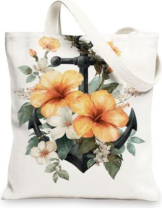 Generic Sacs fourre-tout en toile florale, motif hibiscus nautique, sacs de courses respectueux de lenvironnement, vintage, botanique, léger, lavable, blanc, 