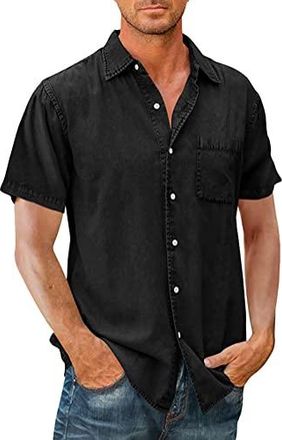 Onsoyours Chemise Jean Homme Manches Longues Chemise Décontractée Coton Chemises Hommes Couleur Unie Business Casual Bouton Shirts Regular Fit B Noir 4XL