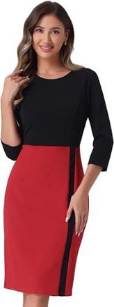 Allegra K Robe Crayon élégante pour Femmes col Rond Manches 3/4 Contraste Robes Fourreau de Bureau Rouge M
