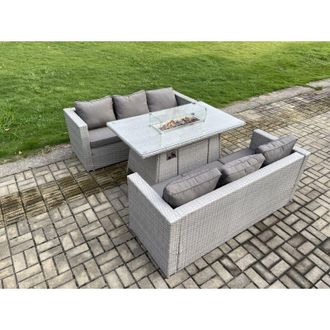 Fimous 6-Sitzer Polyrattan Gartenm&ouml;bel Set mit 2 Sofa, Gas Feuertisch Outdoor Terrassen Essgruppe Helles Grau - Fimous