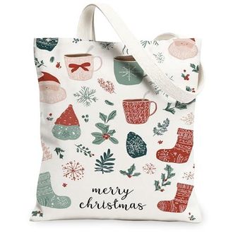Generic Sacs fourre-tout en toile de No&euml;l, design festif vintage, sacs de courses r&eacute;utilisables, l&eacute;gers et lavables avec bandouli&egrave;re, blanc, 13x15 Inch