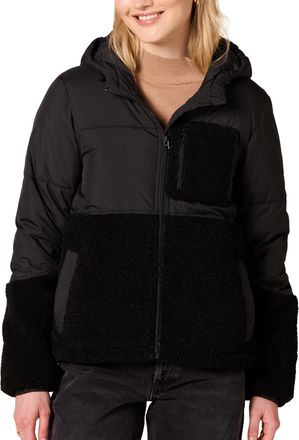 Amazon Essentials Damen Sherpa-Fleece-Pufferjacke Mit Kapuze Und Durchgehendem Reißverschluss, Schwarz, XXL