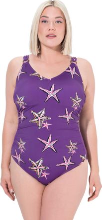 Ulla Popken Damen große Größen Übergrößen Plus Size Badeanzug, Seesterne, Softcups, V-Ausschnitt violett 50 837792836-50