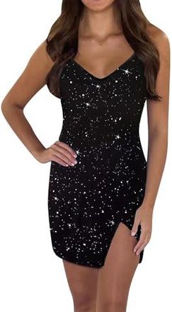 Generic Robe d&eacute;contract&eacute;e &agrave; paillettes pour femme - Col en V - Couleur unie, Noir, XXL
