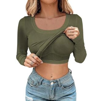 Generic Soutien-gorge int&eacute;gr&eacute; &agrave; manches longues et col en U pour femme - Haut c&ocirc;tel&eacute; &eacute;l&eacute;gant - Coupe ajust&eacute;e - Tissu - Soutien-gorge - Chemises et sous-v&ecirc;teme