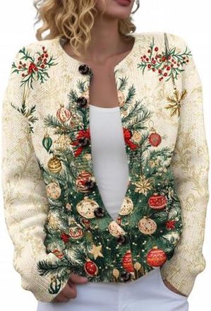 Generic Cardigan de Noël amusant pour femme avec motif sapin de Noël boutonné ouvert sur le devant, Zb-Beige, XL