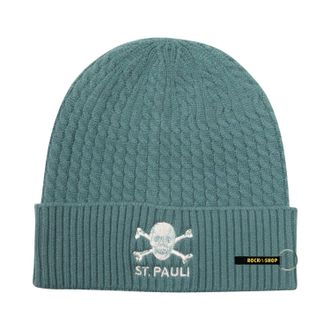 FC St. Pauli M&uuml;tze Zopfmuster Totenkopf - Offizieller Fanartikel - gr&uuml;ne Strickm&uuml;tze mit Logo-Stickerei im Materialmix - einlagig gestrickt (DE/NL/SE/PL, Alphanume