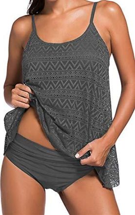 Ocean Plus Femme Ensemble de Bikini Élégant en Dentelle avec Bretelles Sport Tankini de Couleur Unie avec Culotte Tenue de Plage Deux Pièces (XL (EU 40-42), Gris