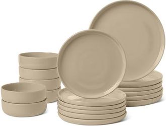 Amazon Basics Glasiertes Steingutgeschirr, 18-Teiliges Set, 6 Komplette Gedecke, Spülmaschinenfest, Leinengrau