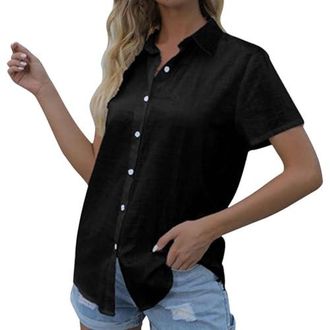 Generic Chemise d&eacute;t&eacute; en coton et lin &agrave; col en V pour femme - Hauts en coton et lin &agrave; manches courtes - Chemises blanches boh&egrave;me baggy chemises Linentops - Hau