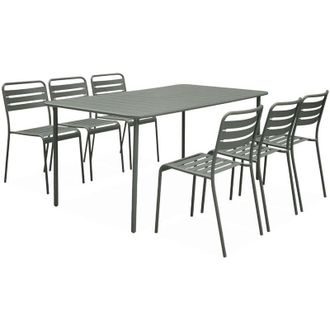 Sweeek Table de jardin en m&eacute;tal kaki Am&eacute;lia + 6 chaises. traitement antirouille. lattes et bords arrondis