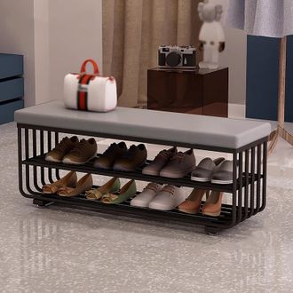 Generic Schuhbank Aus Metall Mit Gepolsterter Sitzfläche - Moderne 2-stufige Eingangsbank Mit Schuhaufbewahrung for Die Haustür Im Flur(Black Grey,120cm/47.2)