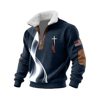Generic DENGJIAMY Chemise chrétienne à manches longues pour homme - Pull graphique tendance - Grande taille - Col en polaire - Pour lextérieur - Drapeau améri